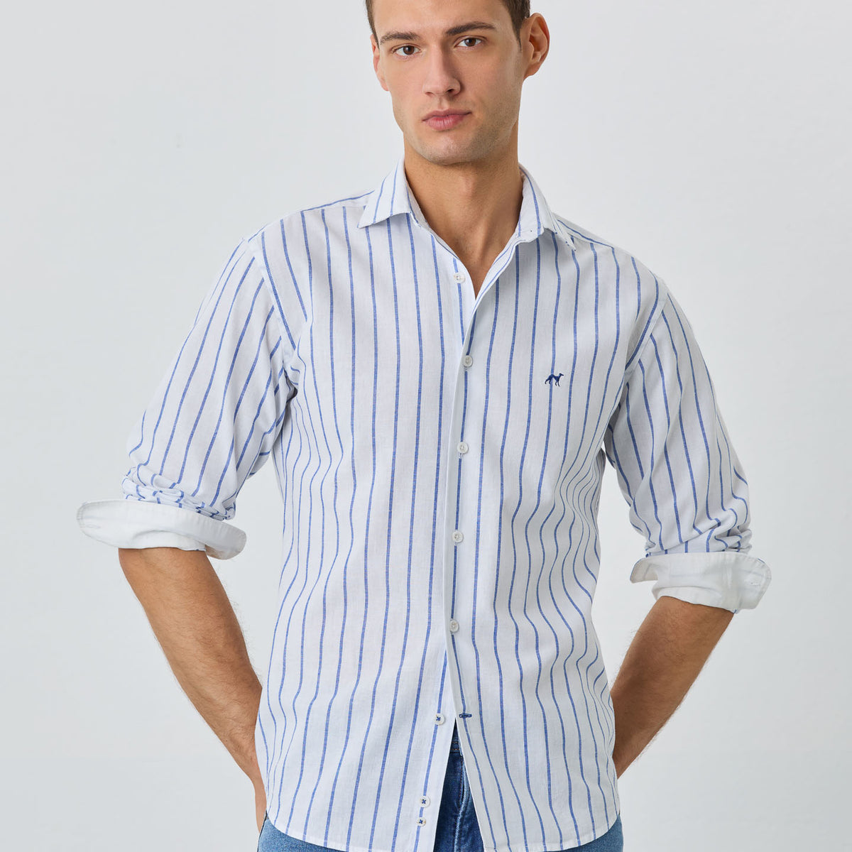 Slim Fit Shirt With Open Collar In Cotton-linen Blend With Stripes ...