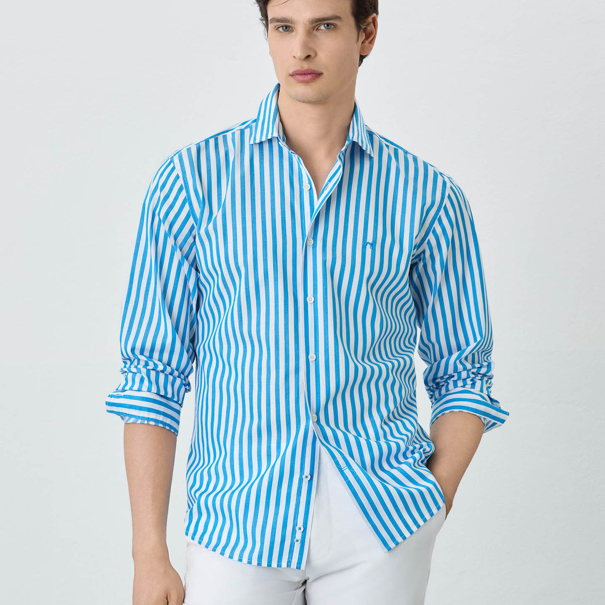 Slim Fit Shirt With Open Collar In BCI Cotton With Stripes – Sacoor ...