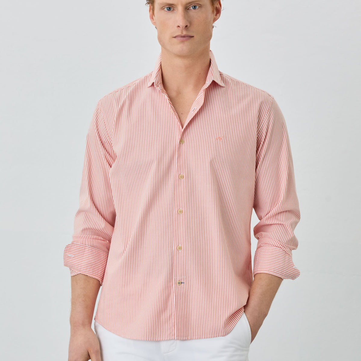 Regular Fit Shirt With Open Collar In BCI Cotton With Stripes – Sacoor ...